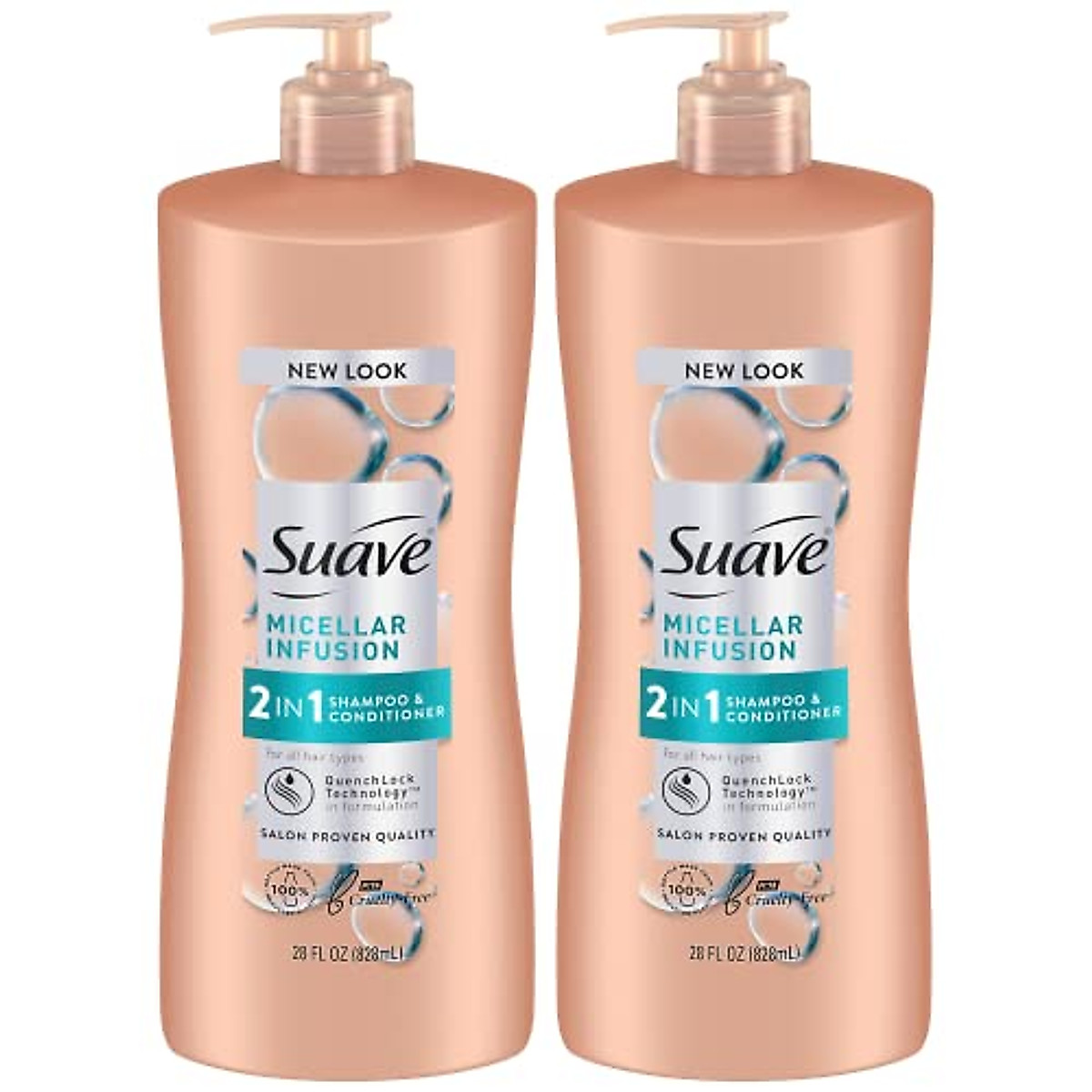 Suave Shampoo and Conditioner 2 in 1 - Micellar Infusion for all Hair Types, Smoothing Shampoo and Conditioner, 28 Oz Ea (Pack of 2)