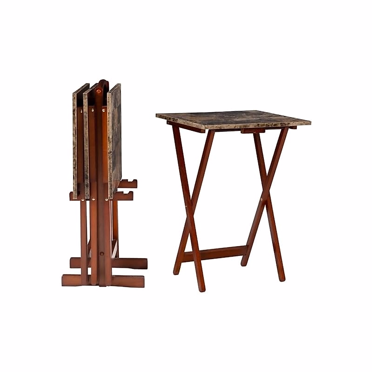 Pemberly Row 5 Piece Wood Folding Faux Marble Table Tray Set in Brown