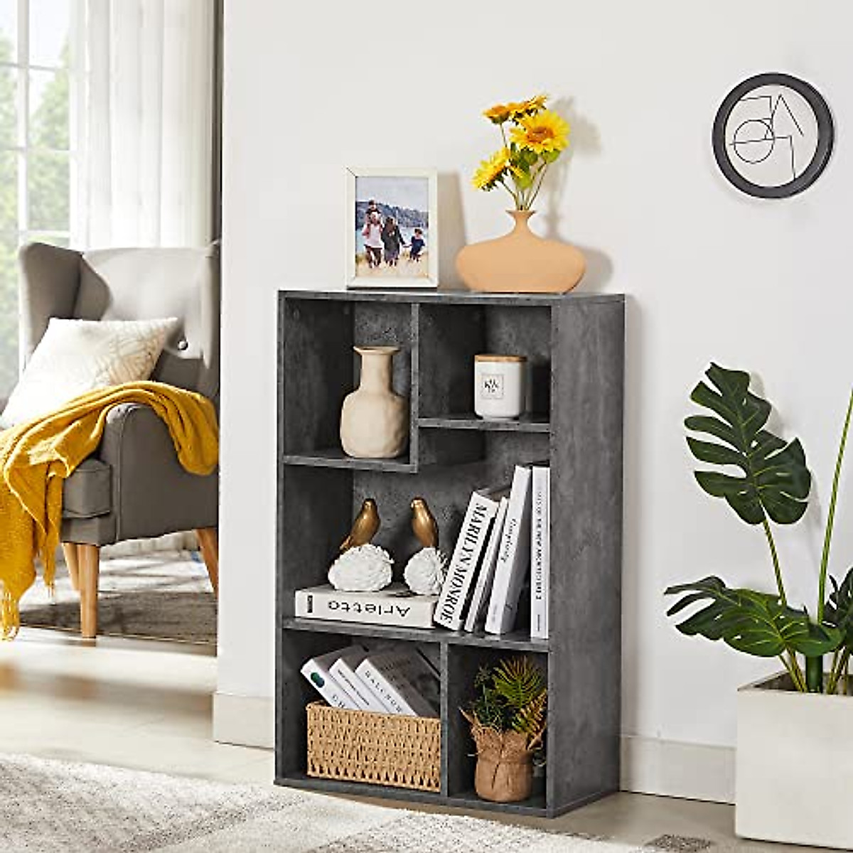 VECELO 31 Inch High Modern Bookcase, 3 Tier Bookshelves, 5 Cube Storage Organizer with Anti-tip Kit, Different Height Open Storage Fits Most Books, Easy to Install, Grey