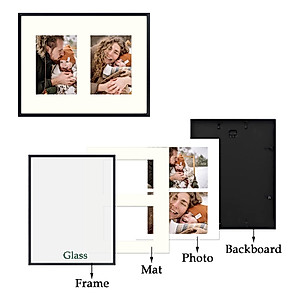 Frametory - 11x14 Aluminum Collage Picture Frame - Display 5x7 Pictures with 2 Openings Mat - Real Glass Front - Horizontal/Vertical Wall Mount - Black 1 Pack
