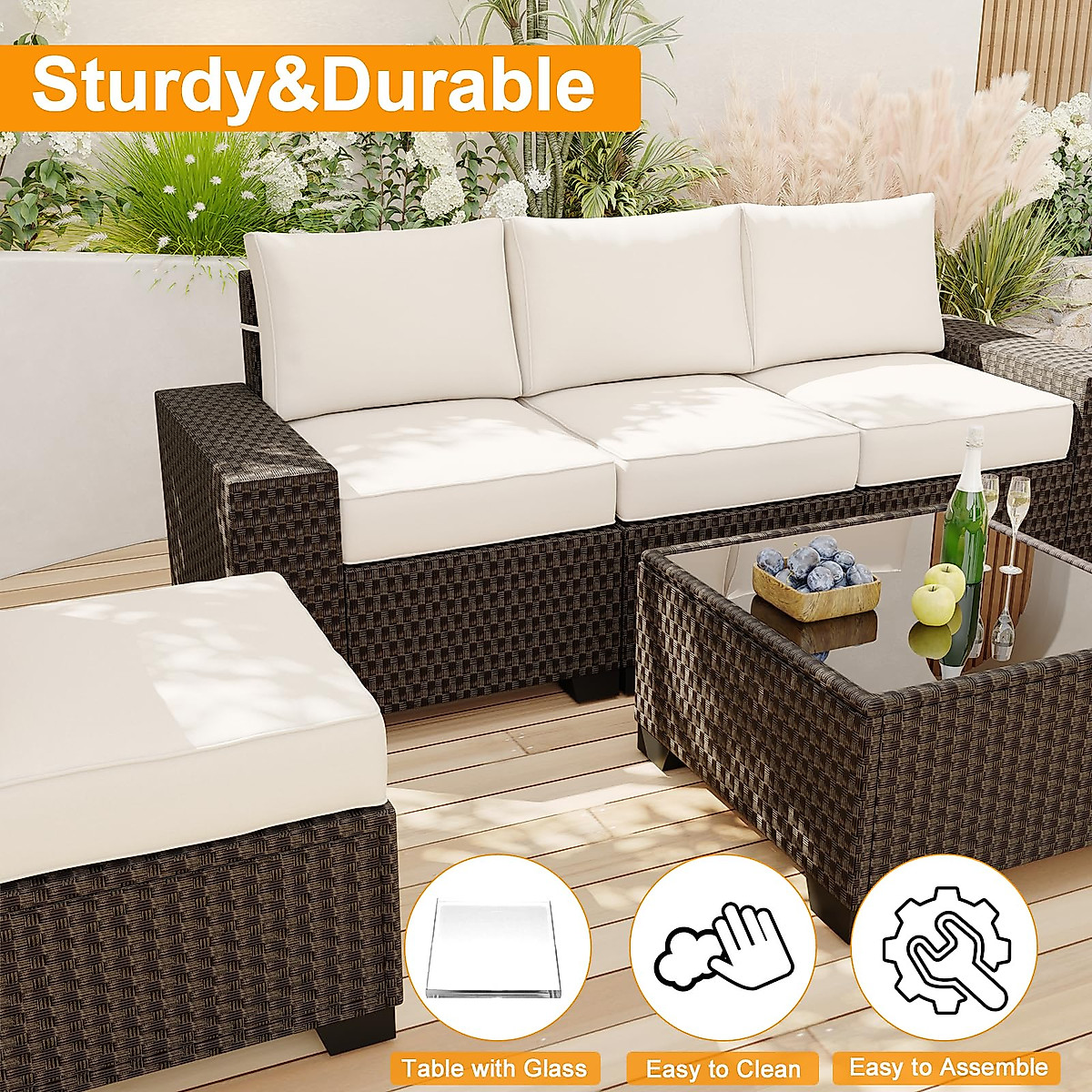 GAOMON 6 Piece Patio Furniture Sets,Outdoor Patio Sofa,Rattan Furniture Set with Glass Table,Wicker Sectional Sofa Conversation Couch,Cushions and Beige Pillows,for Lawn, Garden, Backyard