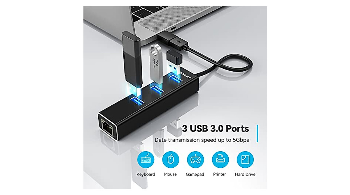 TECKNET USB to Ethernet Adapter with 3-Port USB Hub & Gigabit Ethernet