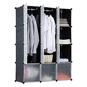 Work-It! Modular Wardrobe | Portable Clothes Closet and Dresser Garment Rack | Storage Organizer Bedroom Armoire Cubby Shelving Unit Multifunction Cabinet DIY Furniture, Black, 12 Cubes