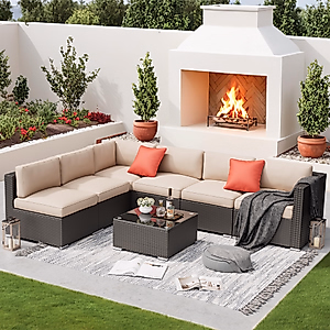 SUNCROWN 7-Piece Outdoor Patio Furniture Sofa Set All-Weather Black Wicker Sectional Conversation Set with Modern Glass Coffee Table and Cushions (Brown)