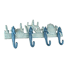 Zeckos Blue and White Cast Iron Seahorses Decorative Wall Hook Nautical Sea Life Hanging Towel or Coat Rack Beach Home Coastal Accent Decor 15.25 Inches Long