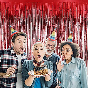 BTSD-home Red Foil Fringe Curtain, Metallic Photo Booth Backdrop Tinsel Door Curtains for Wedding Birthday Bridal Shower Baby Shower Bachelorette Christmas Party Decorations(4 Pack, 8ft x 3ft)