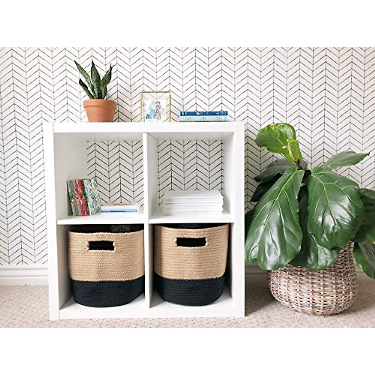 Chloe and Cotton Woven Cube Storage Baskets with Handles | Set of 2 | Cute Decorative Bins For Shelves, Bookcases, Cubbies, & Organizing Containers | Black & Tan