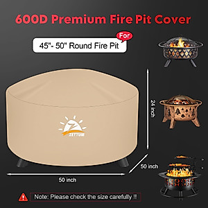 Zettum Fire Pit Cover Round 50 Inch - Outdoor Firepit Cover Waterproof & Heavy Duty, 600D Patio Fire Table Cover Large Gas Fire Pit Accessories Fade & Weather Resistant - 50 x 50 x 24 Inch