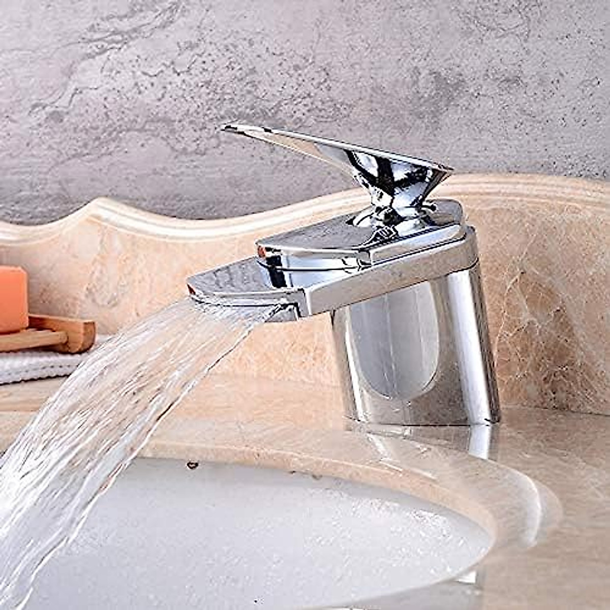 HOONWEAR Kitchen & Bath Fixtures Taps Faucet,Wide Mouth Single Hole Copper Basin Waterfall Faucet Bathroom Wash Basin Waterfall Hot and Cold Water Faucet Mixer Tap Faucet, CF001