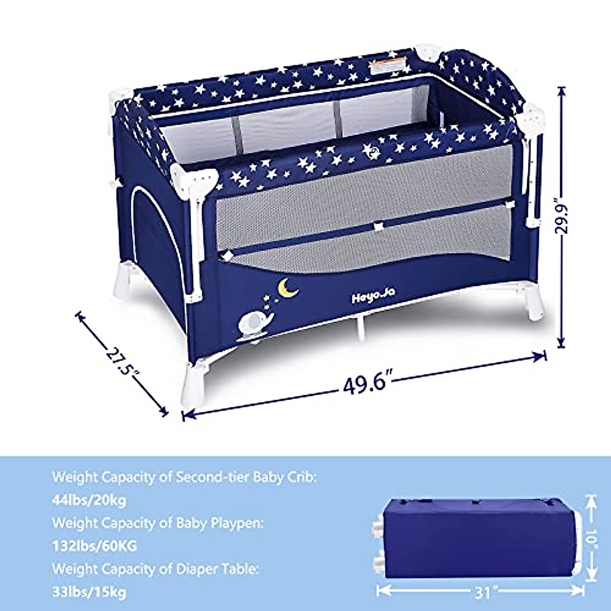 Heyo.Ja Double Layer Baby Playard, 5 Height Adjustable Crib,Changing Diaper Rack,Foldable Bassinet Bed with Luxury Mosquito Net,Starry Sky Fence,Two Toys Bag,Wheels & Brake, Carry Bag (Navy)