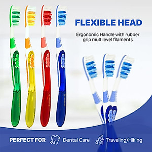 Shield Care Toothbrush Dual Pro with Multi-Level Filaments, Anti-Slip Grip (Expert Care - Soft Bristles) Adult - Yellow, Red, Blue, Green - 4 Count (Pack of 1)