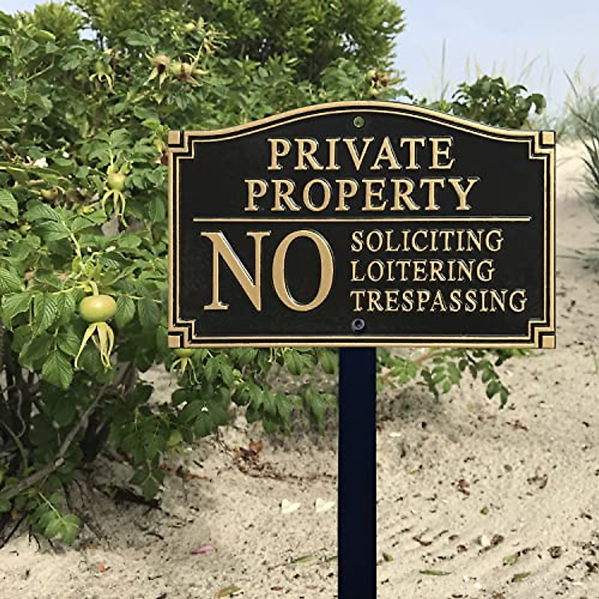SmartSign Private Property Sign for Yard, No Soliciting Loitering Trespassing Garden Plaque | 5.75" x 9.5" Aluminum Plaque with 18" Black Lawn Stake