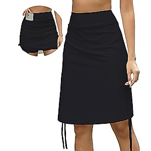 Cakulo Athletic Skorts for Woman Drawstring Knee Length Swim Golf Tennis Skirts Pocket Casual High Waist Skirt Black XL