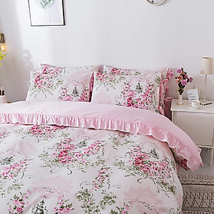 FADFAY Rosette Floral Duvet Cover Sweet Pink Girls Bedding Set 100% Cotton Ultra Soft Bed Sheets Set,5Pcs (1 Duvet Cover +1 Fitted Sheet+ 1 Flat Sheet +2 Standard Pillowcases), Twin Size