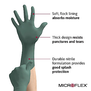 Microflex Dura Flock DFK-608 Thick 11mil Nitrile Gloves w/Flock Lining for Automotive, Aftermarket, Machinery - X-Large, Green (Case of 500)