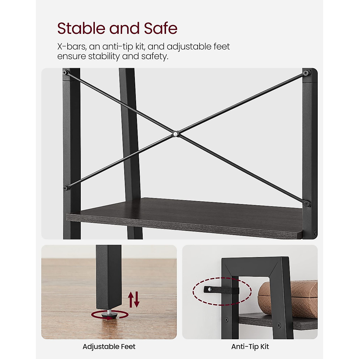 VASAGLE Ladder Shelf, 4-Tier Bookshelf, Storage Rack, Bookcase with Steel Frame, for Living Room, Home Office, Kitchen, Bedroom, Industrial Style, Charcoal Gray and Black ULLS044B04