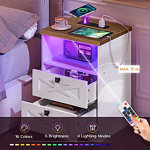 HOOBRO Nightstand with Wireless Charging Station and LED Lights, Farmhouse End Table with 2 Drawers and Open Shelf, Smart LED Side Table with Wireless and USB for Bedroom, Antique White WH140UDBZ01