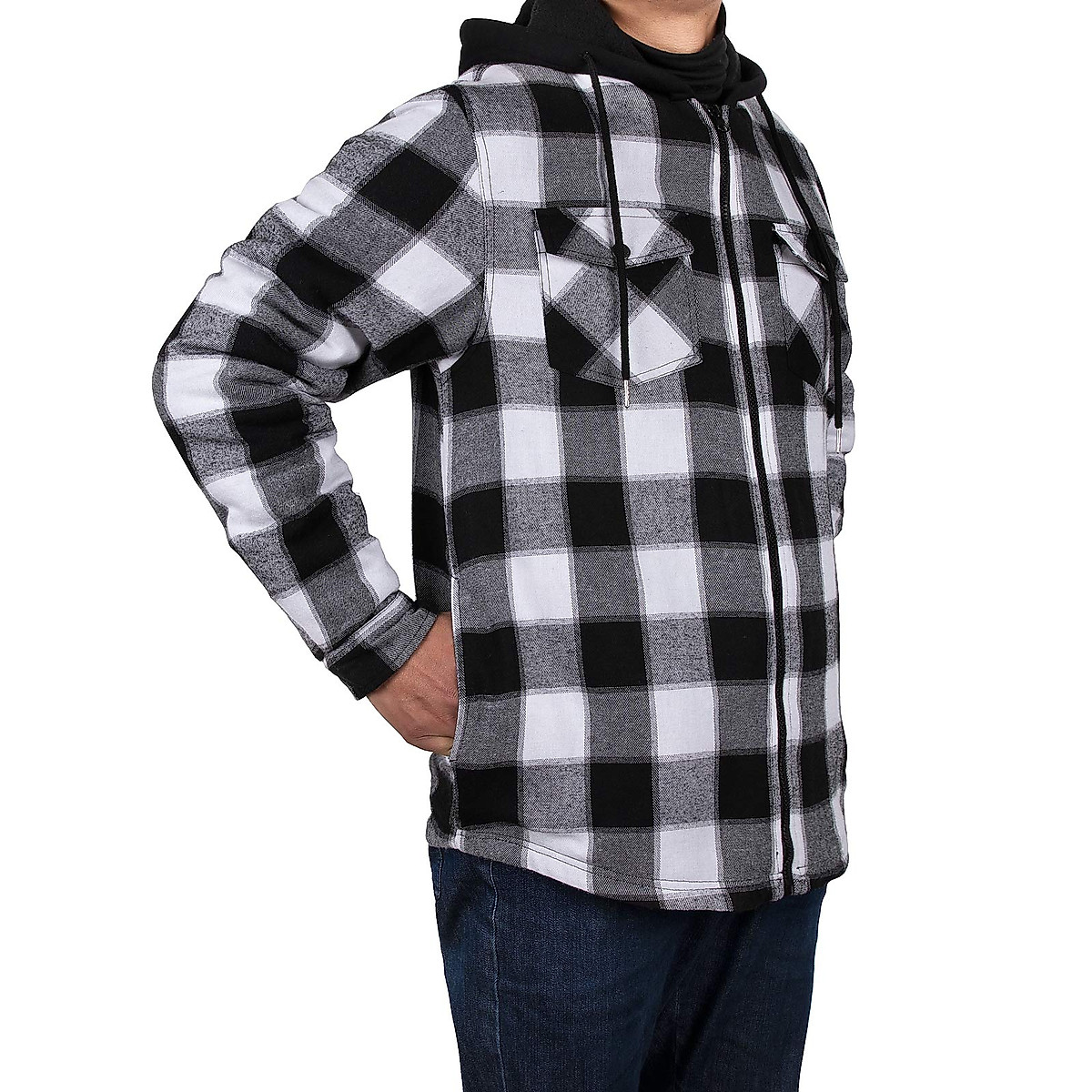 ZENTHACE Men's Sherpa Lined Full Zip Hooded Plaid Shirt Jacket Black/Grey XXL