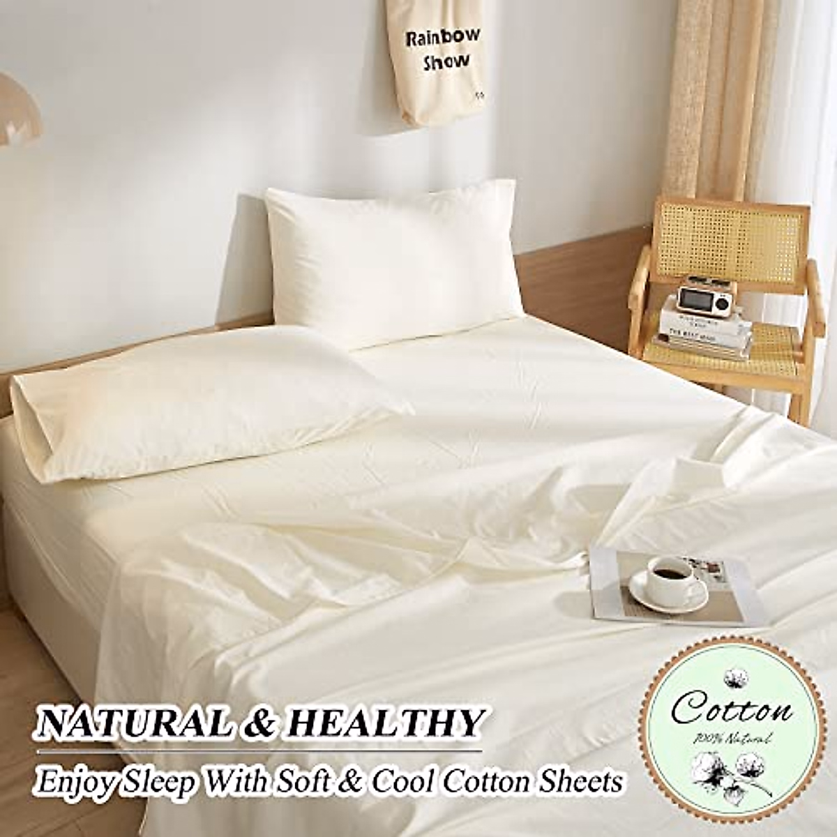 LifeTB Cream White Microfiber Duvet Cover Set Full Queen / 4 Piece Cream White Cooling Sheets Set Queen (1 Duvet Cover, 2 Pillowcases / 1 Flat Sheet, 1 Fitted Sheet, 2 Pillowcases)