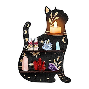 Migno Cat Moon Shelf,Rustic Wooden Black Cat Display Shelf | Wall Mounted Crystal Display Shelf Decorative Crystal Organizer for Living Room Yoga Room