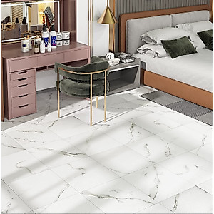 FunStick White Peel and Stick Flooring Tiles Waterproof 12 x 12 Inch 15 Pack Removable Marble Vinyl Flooring Peel and Stick Floor Tile Bathroom Floor Vinyl Sticker Tiles for Kitchen Bedroom Flooring