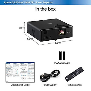Epson EpiqVision Mini EF11 Laser Projector, 3LCD, Portable, Full HD 1080p, 1000 lumens Color Brightness and White Brightness, Compatible with Roku, FireTV, Chromecast, Playstation, Xbox ()