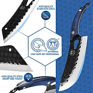 XYJ 9pcs Camping Cleaver Knives Set,Cooking Chef Knife With Bag,Sharpener,Carving Kitchen Butcher Knife,Outdoor Vegetable Knives,Full Tang Blue