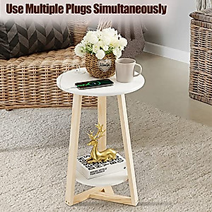 TINSAWOOD Side Table with Charging Station, Small Boho Round End Table with Two-Tier Storage for Living Room, Bedroom & Small Spaces, Easy Assembly