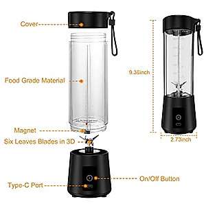 Portable Blender, YKSINX Personal Mini Blender for Smoothies and Shakes USB Rechargeable Juicer Cup Travel Handheld Fresh Juice Blender (Black)