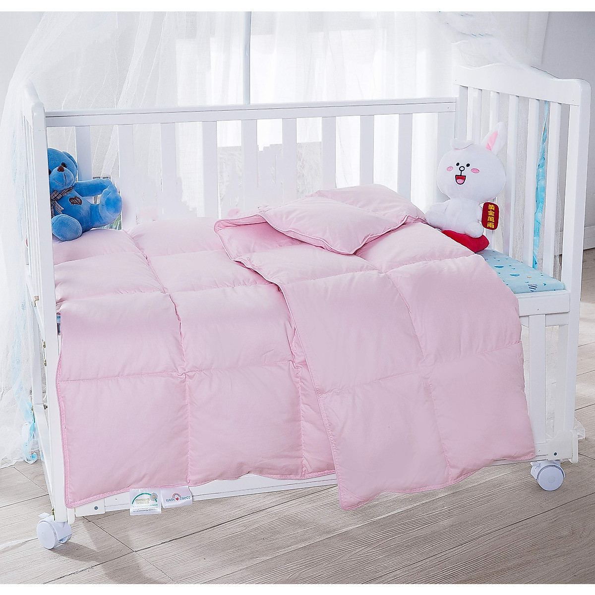 KumiQ Crib Summer Lightweight Natural White Goose Down Baby Toddler Comforter Duvet Blanket,100% Down-Proof Cotton Shell,Machine Washable (Pink, 41x48in)