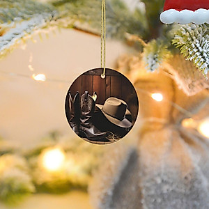 Christmas Ornaments Round Ceramic Ornaments Cowboy Black Hat Western Boots Printed Christmas Tree Ceramics Hanging Ornament for Xmas Holiday Party Decorations