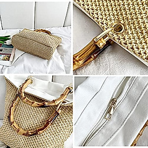 CWCYYDSYY Women's Straw Bags Tote with Bamboo Handles Rattan Woven,Handbag Summer Boho Beach Purse(Brown)