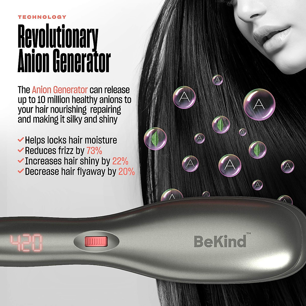 BeKind Anion 30-in-1 Hair Straightener Brush, Built in Upgraded Anion Feature, 15s Fast Heat-up, Multiple Temperature Settings (from 265℉ to 450℉) with Anti-Scald Design, Gifts for Girls Women