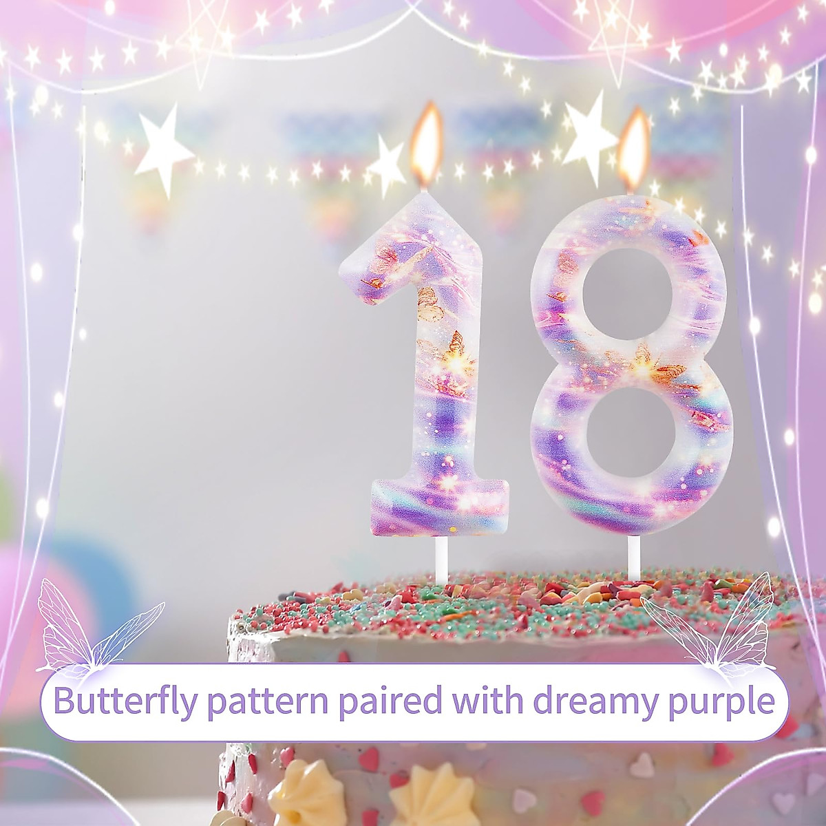 18th Birthday Candles, 3.54in Large Purple Butterfly Number 18 Candle for Cake Topper Decorations for Happy Birthday Party Wedding Anniversary Celebration Supplies