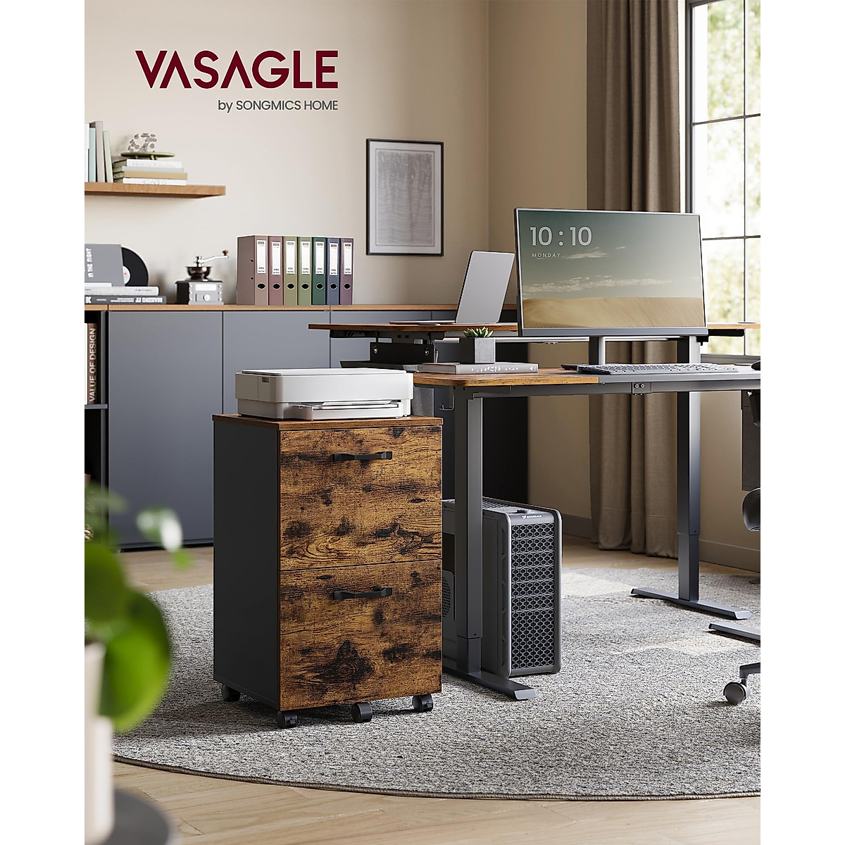 VASAGLE File Cabinet, with 2 Drawers, Mobile Filing Cabinet with Wheels, for A4, Letter Sized Documents, Hanging File Folders, Rustic Brown and Black UOFC040B01