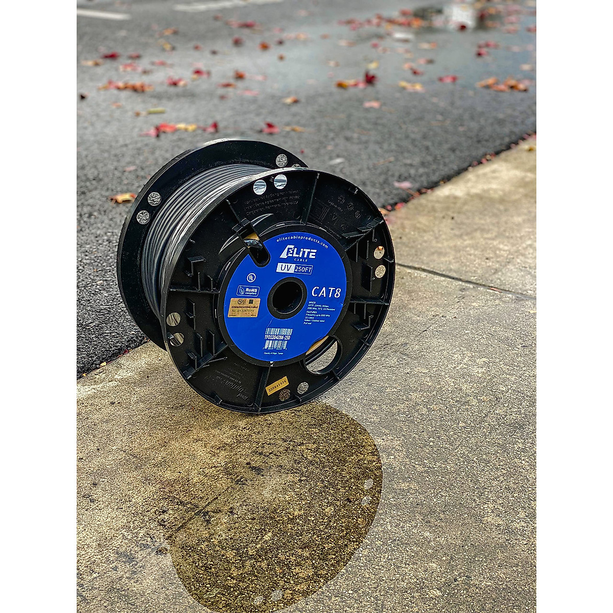 Elite Cat8 250ft Outdoor/Indoor Cable, UV Resistant, 40Gb, 2000MHz, CMR/Riser + UV/Outdoor, High Speed, Pure Solid Copper, Easy Pull Reel, Black