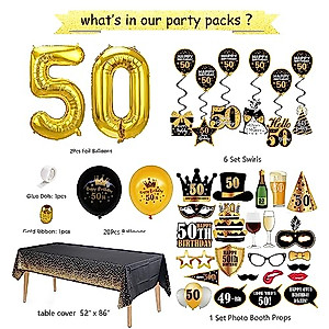 GREPARPY Happy 50th Birthday Decorations For Men - Black & Gold Fifty Birthday Party Supplies, Backdrop, Banner, Swirl, Photo Prop, Crown, Plate, Napkin, Topper, Tablecloth, Sash, Balloon