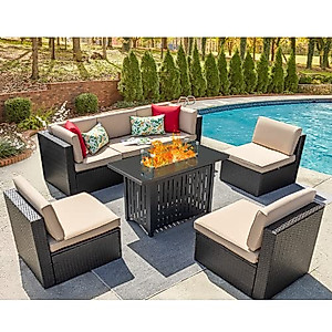 Devoko 7 Pieces Outdoor Patio Furniture Set Sectional Sofa Set with Propane Fire Pit Table and Cushions for Backyard, Bistro and Poolside (Beige)