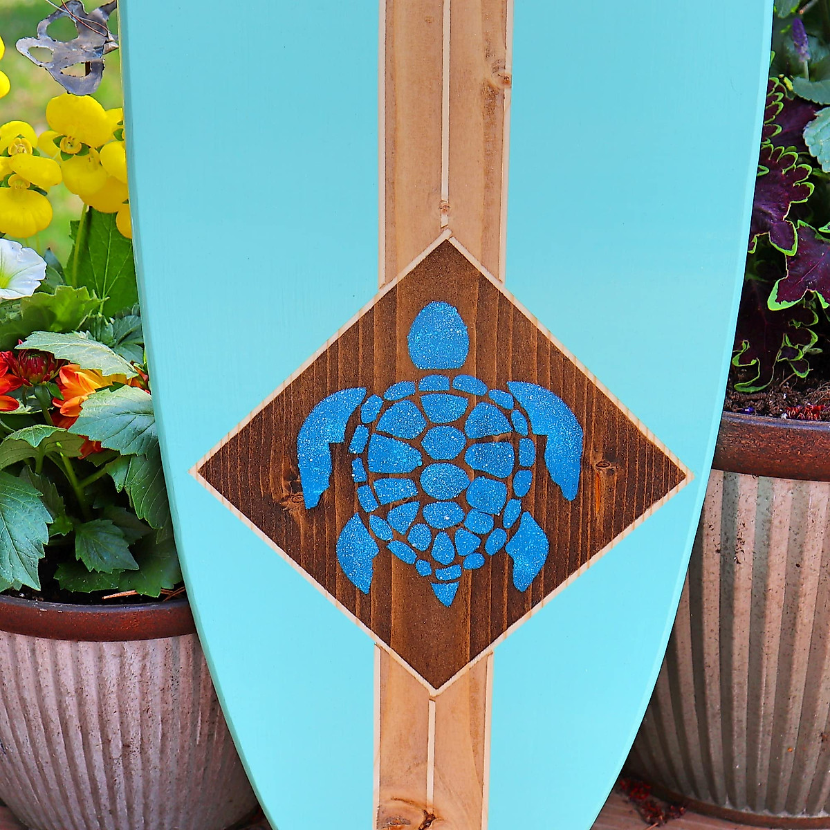 Large Wood Surfboard Turtle Wall Art 3 Feet, Custom Colors Beach Coastal Decor