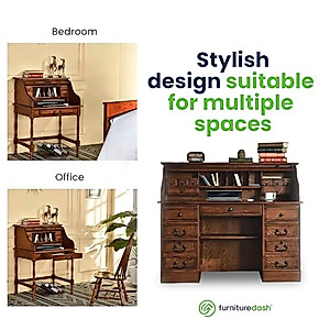 Furniture Dash - Mini Roll Top Desk USB - Standing Desk - Desk with Drawers - Rolling Desk - Wooden Desk - 32" W x 24" D x 44.5" H - 66lb (Burnished Walnut Finish)