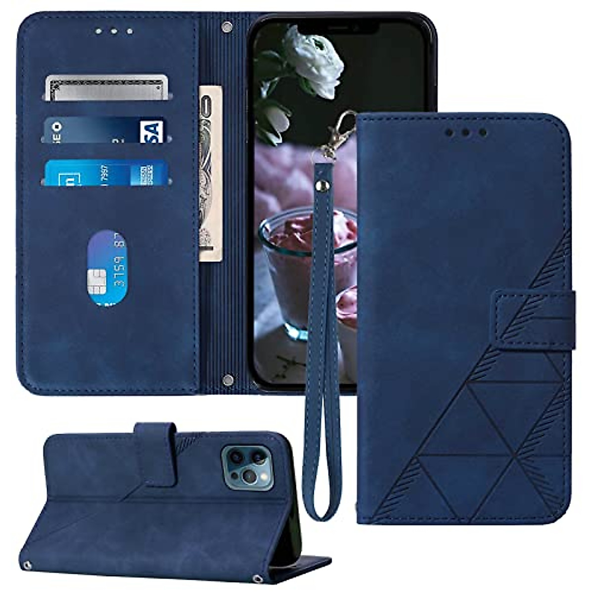 12 Pro Max Case,Compatible for iPhone 12 Pro Max Wallet Case,[Kickstand][Wrist Strap][Card Holder Slots] TPU Interior Protective PU Leather Folio Flip Cover for iPhone 12 Pro Max Case 2022 (Blue)