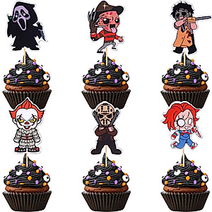 36 PCS Horror Classic Movie Cupcake Toppers Horror Movie Characters Cupcake Food Picks Decorations for Halloween Horror Movie Theme Baby Shower Killer Birthday Cake Decorations Supplies