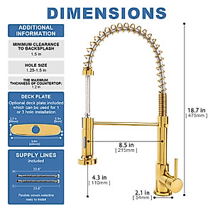 M OUDEMEI Commercial Pull Down Kitchen Sink Faucet with Dual Function Sprayer, Single Handle Spring Faucets with Deck Plate, High Arc Kitchen Faucet for 1 OR 3 Hole Easy Installation (Polished Gold)