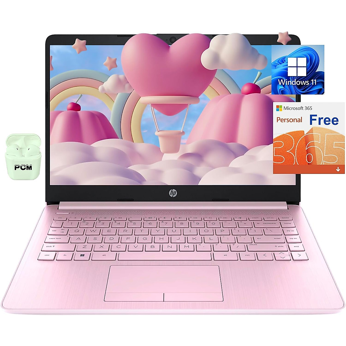 HP Stream Laptop, 14 inch HD Screen, Intel Celeron N4020 Processor, 16GB RAM, 64GB eMMC, Windows 11, 1-Year Office 365, HDMI, Wi-Fi, USB-C, Webcam, Pink, PCM
