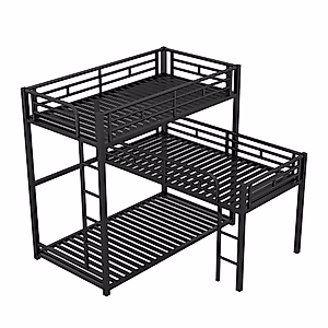 SOFTSEA Heavy Duty Triple Bunk Bed for Kids, Metal L-Shaped Bunk Bed for 3 Kids, Twin Over Twin Over Twin Bunk Bed, Space Saving