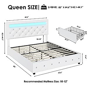 Keyluv Queen Upholstered LED Bed Frame with 4 Storage Drawers and Adjustable Crystal Button Tufted Headboard, Platform Bed with Solid Wooden Slats Support, No Box Spring Needed, White