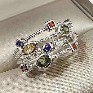 ZJQZBSS 925 Sterling Silver Shiny Full Diamond Cross Ring Colorful Geometric Gem Ring Cubic Zirconia Ring CZ Diamond Multi-Row Ring Eternal Engagement Wedding Ring Women's Jewelry Gift (Size 10)