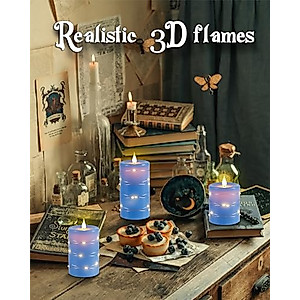 Upinmz Flameless Candle with String of Lights Battery Powered LED Candle Flashing Candle with Remote Control and Timer 3 Packs (Blue)