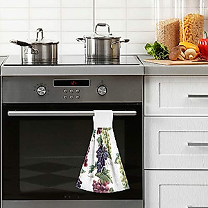 Red White Black Grapes with Green Leaves On White 2 Pcs Hanging Kitchen Hand Towels, Hanging Tie Towels with Hook & Loop Dishcloths Sets, Decorative Absorbent Tea Bar Bath Hand Towel
