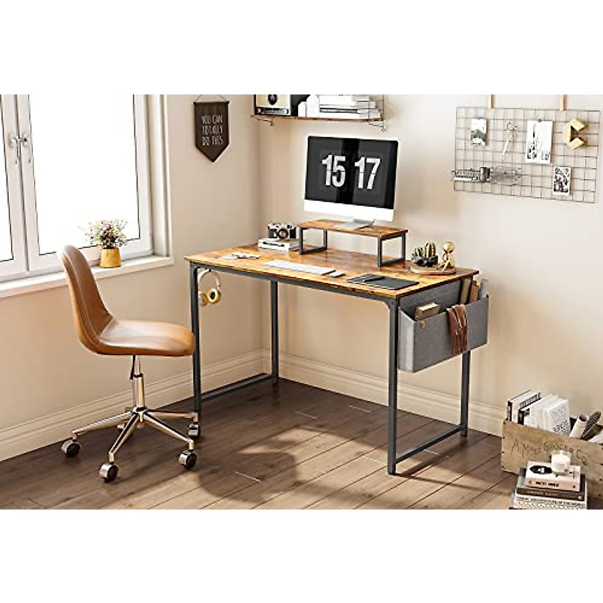 Cubiker 55 Inch Computer Writing Desk for Home Office, Study Work Table with Small Monitor Stand and Storage Bag, Easy to Assemble